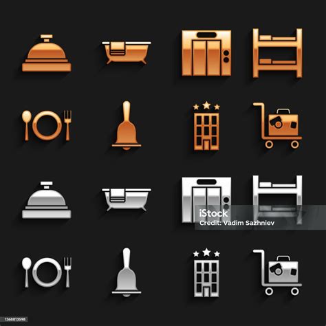 호텔 서비스 벨 룸베드 여행가방 건물 플레이트 포크와 칼 리프트 욕조 아이콘을 설정합니다 벡터 가구에 대한 스톡 벡터 아트 및 기타 이미지 Istock
