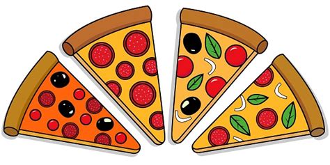 디자인을 위한 격리된 요소 다양한 유형의 피자 조각 검은색 윤곽선 장식을 위한 밝고 현대적인 색상 웹 일러스트레이션 가식적