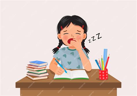 책상에서 숙제를 하면서 공부하는 동안 졸린 하품을 하는 귀여운 소녀 프리미엄 벡터