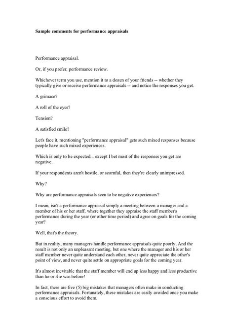 Performance Appraisal Comments Examples Performance A
