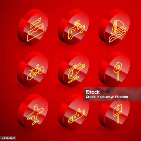 노 젓는 보트 Tv 뉴스 자동차 요트 요트 자전거 헬리콥터 속도 제한 교통 비행기 및 잠수함 아이콘을 설정합니다 벡터 3차원