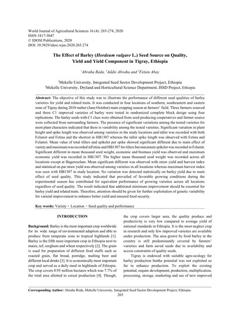 Pdf The Effect Of Barley Hordeum Vulgare L Seed Source On Quality Yield And Yield
