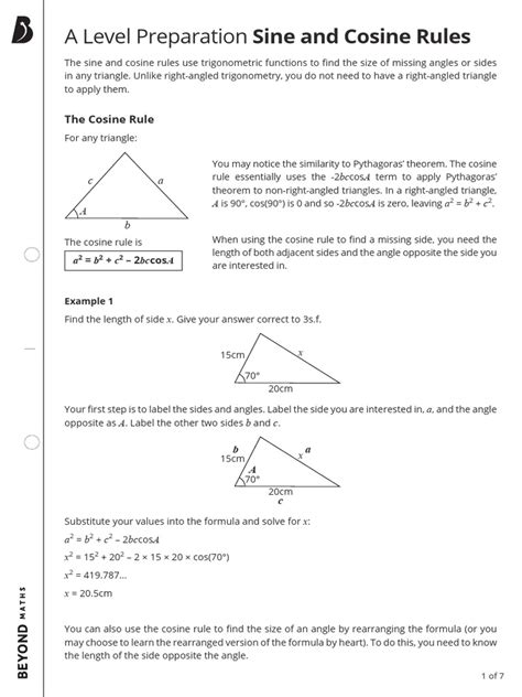 A Level Preparation Sine And Cosine Rules Pdf Trigonometric Functions Triangle