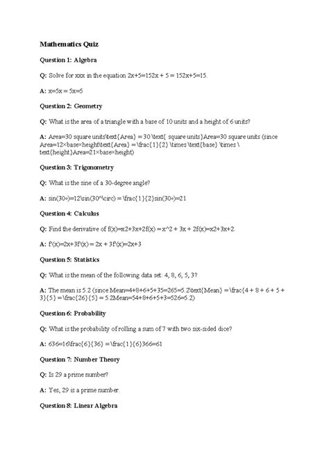 Mathematics Quiz Mathematics Quiz Question 1 Algebra Q Solve For Xxx In The Equation 2x 5