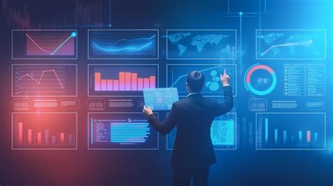 A Man In A Suit Interacts With Multiple Digital Data Screens Analyzing