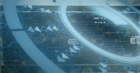 image of round scanner and data processing over world map against blue