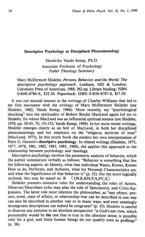 Pdf Descriptive Psychology As Disciplined Phenomenology