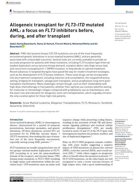 Pdf Allogeneic Transplant For Flt3 Itd Mutated Aml A Focus On Flt3 Inhibitors Before