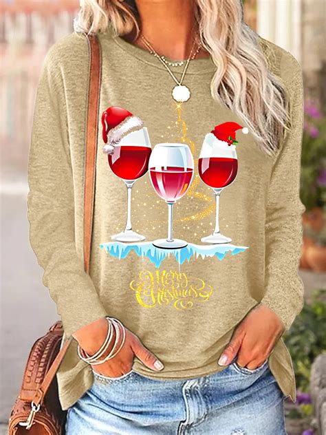 Womens Wine Simple Christmas Crew Neck Long Sleeve Top Lilicloth