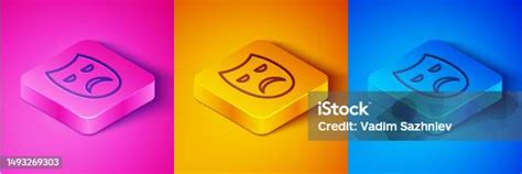 아이소메트릭 라인 드라마 연극 마스크 아이콘은 분홍색과 주황색 파란색 배경에 분리되어 있습니다 정사각형 버튼 벡터 3차원 형태에 대한 스톡 벡터 아트 및 기타 이미지