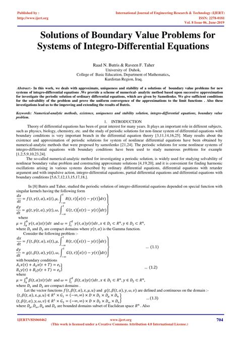 Pdf Solutions Of Boundary Value Problems For Systems Of Integro Differential Equations