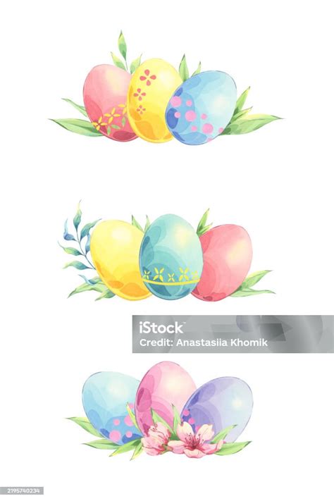 수채화 부활절 구성 세트는 착색 된 달걀 아몬드 꽃 벚꽃 및 신선한 녹색 잎으로 구성됩니다 축제 봄 디자인 인사말 카드 초대장에