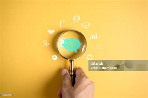 교육을 절약하기 위한 돼지 저금통 아이콘에 돋보기 초점 미래를 위한 학습 학습 교육 과정 학위 창의적 사고 아이디어 및 문제 해결 솔루션에 대한 학습 지식 금융에 대한 스톡