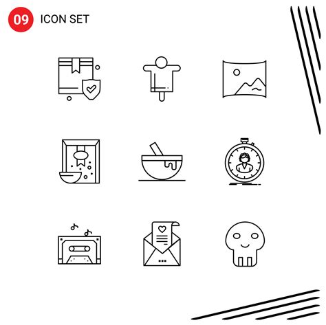 Group Of 9 Modern Outlines Set For Bowl Rice Cinema Grain Branch Editable Vector Design Elements