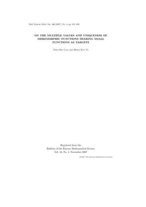 PDF On The Multiple Values And Uniqueness Of Meromorphic Functions Sharing Small Functions As