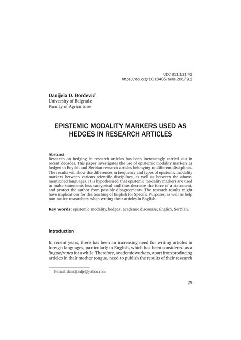 Pdf Epistemic Modality Markers Used As Hedges In Research Articles