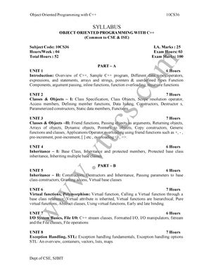 3rd Sem Cse OOPS Pdf Notes Dept Of CSE SJBIT SYLLABUS OBJECT