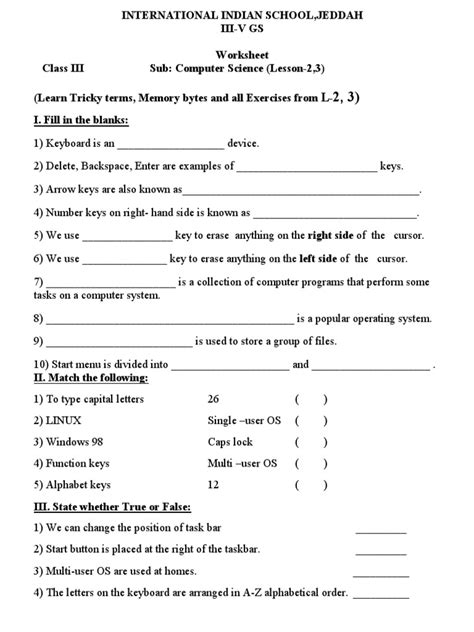 Cbse Class 3 Computer Practice Worksheet 6 Tricky Terms Pdf Computer Science Computing