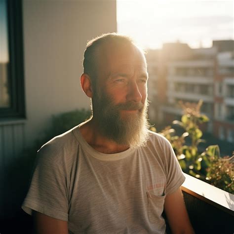 Premium Photo A Man With A Beard And A T Shirt Is Sitting Outside