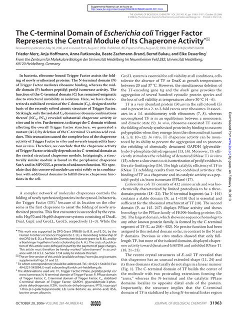 Pdf The C Terminal Domain Of Escherichia Coli Trigger Factor Represents The Central Module Of