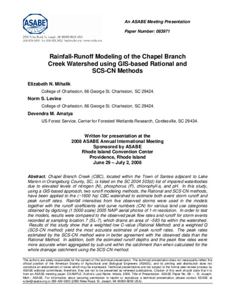 Pdf Rainfall Runoff Modeling Of The Chapel Branch Creek Watershed Using Gis Based Rational And