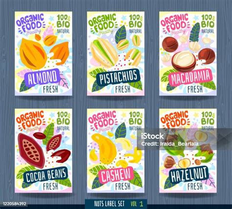 추상 스플래시 식품 라벨 템플릿입니다 견과류 허브 과일 향신료 패키지 디자인 아몬드 피스타치오 마카다미아 코코아 콩 캐슈 헤이즐넛 벡터 일러스트레이션 디자인에 대한 스톡