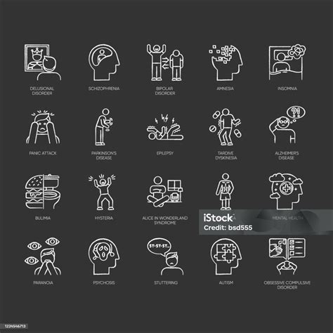 정신 장애 분필 아이콘 설정 망상 정신 분열증 기억 상 실증 불면증 양극성 장애 불리미아 식욕 부진 자폐증 강 박 증후군 절연 벡터 칠판 그림 아이콘에 대한 스톡 벡터 아트