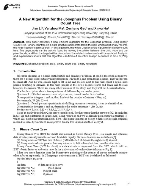 a new algorithm for the josephus problem using binary count tree pdf time complexity