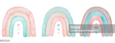 수채화 손으로 파스텔 색상의 귀여운 무지개를 그렸습니다 손으로 그린 Boho 디자인 요소 세트입니다 로고 아기 섬유 인쇄 보육 장식 어린이 장식 어린이 방 디자인 수채화에