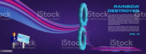 바이올렛 컬러로 기술 벡터 아이소메트릭 배경입니다 추상 흐름 유체 웨이브 2 장비와 작업자 파괴 3d 현대 유행 스타일 전단지 배너 배경 3차원 형태에 대한 스톡 벡터 아트