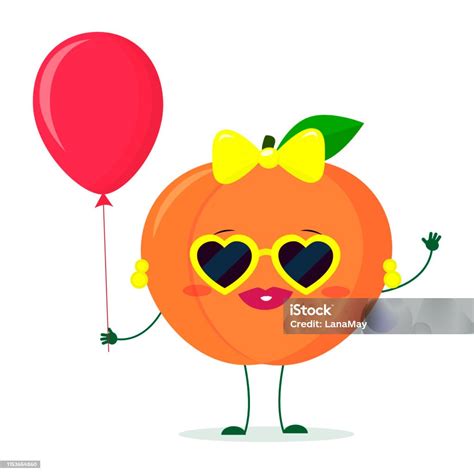 귀여운 복숭아 과일 만화 캐릭터 선글라스 마음과 귀걸이 빨간 공기 풍선을 보유 하 고 있습니다 로고 템플릿 디자인입니다 벡터 일러스트 레이 션 플랫 스타일 감정에 대한 스톡