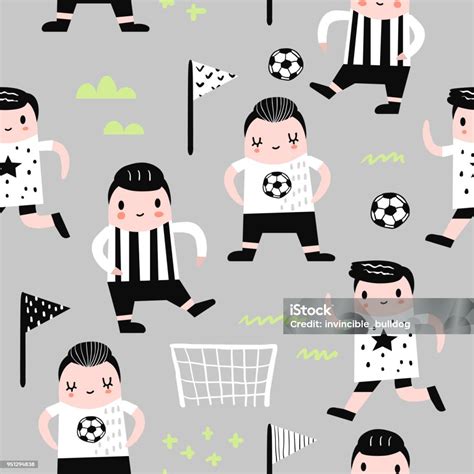 소년 축구 선수와 유치 한 완벽 한 패턴입니다 직물 인쇄 포장 재미 있는 축구 소년과 어린이 배경 벽지 벡터 일러스트 레이 션