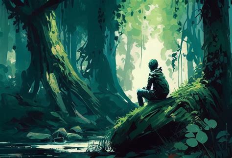 Premium Ai Image Man Sitting In The Forest Illustration Ai Generative
