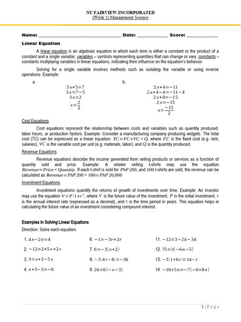 Week 1 Management Science Worksheets Pdf Equations Variable