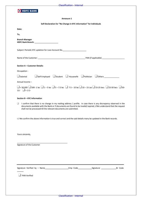 HDFC Bank Self Declaration Form For No Change In KYC Information Download In PDF