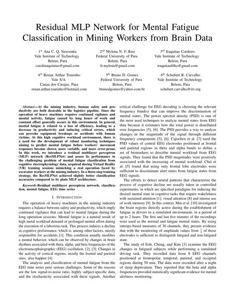 Pdf Residual Mlp Network For Mental Fatigue Classification In Mining Workers From Brain Data