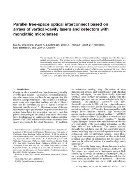Pdf Parallel Free Space Optical Interconnect Based On Arrays Of