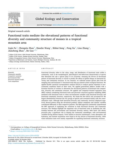 Pdf Functional Traits Mediate The Elevational Patterns Of Functional Diversity And Community