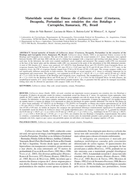 Pdf Sexual Maturity Of Females Of Callinectes Danae Crustacea Decapoda Portunidae In The
