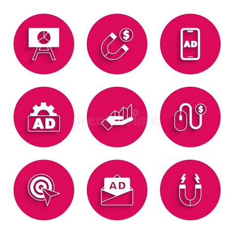 Set Pie Chart Infographic Advertising Magnet Target And Board With Icon Vector Stock