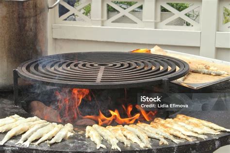 중앙에 화덕이 있는 그릇 모양의 납작한 그릴에 생선 구이 야외 해산물 바베큐 요리 야외에서 뒤뜰에서 피크닉 길거리 음식 개념입니다 모닥불 위에서 생선 준비하기 건강한 생활