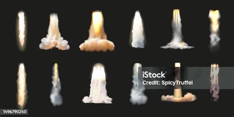 로켓 연기 제트 기류 흔적 우주선 화재 발사 공중에서의 폭발 증기 구름 하늘의 스피드 플레인 우주 왕복선 Contrail입니다 다른 흔적 안개 벡터 현실적 격리 집합 로켓에