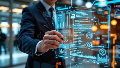 Businessman Interacting With Digital Interface Showcasing Data Analysis And Technology Stock