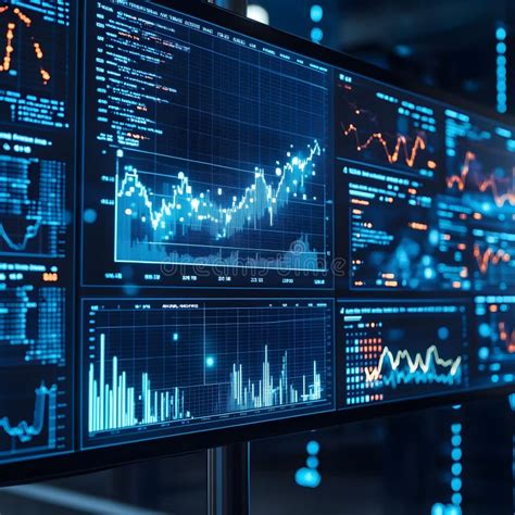 Dynamic Data Streams On Multiple Screens Blue And Orange Visualizations Stock Illustration