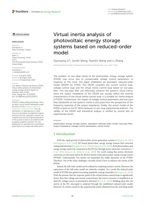 Pdf Virtual Inertia Analysis Of Photovoltaic Energy Storage Systems Based On Reduced Order Model