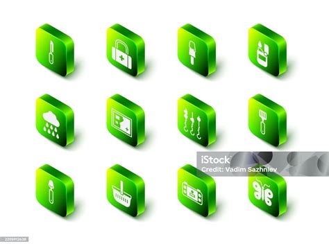 세트 응급 처치 키트 아이스크림 라이터 주걱 나비 꼬치에 구운 시시 케밥 휴대용 비디오 게임 콘솔 및 피크닉 바구니 아이콘 벡터 3차원 형태에 대한 스톡 벡터 아트 및 기타