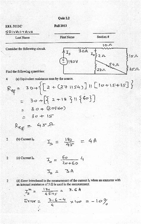 Questions On Circuits 1 With Solution Quiz Eel 3111c Docsity