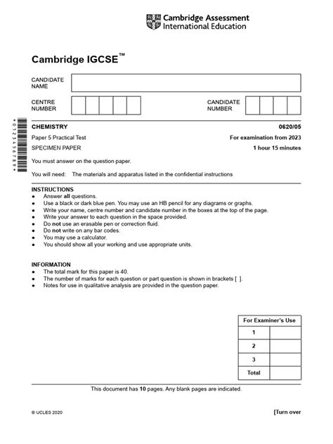 Specimen 2023 Qp Paper 5 Cie Chemistry Igcse Pdf Solubility Acid