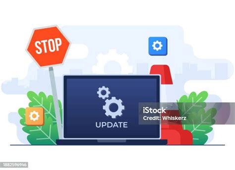 소프트웨어 업데이트 화면 평면 벡터 일러스트 레이 션 시스템 유지 보수 업데이트 프로세스 소프트웨어 설치 운영 체제가있는 노트북