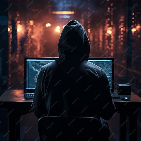 Premium Ai Image Full Rear View Of An Anonymous Hooded Hacker Coding In Darkness For Social